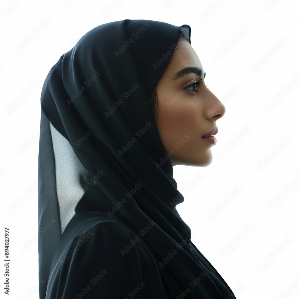 Profile portrait of beautiful woman wearing black hijab, serene ...