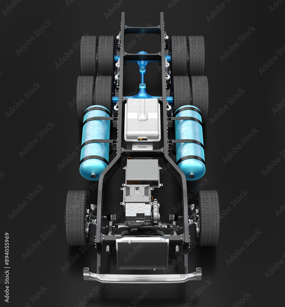 Front view of FCV Semi truck chassis on black background. Fuel cell ...