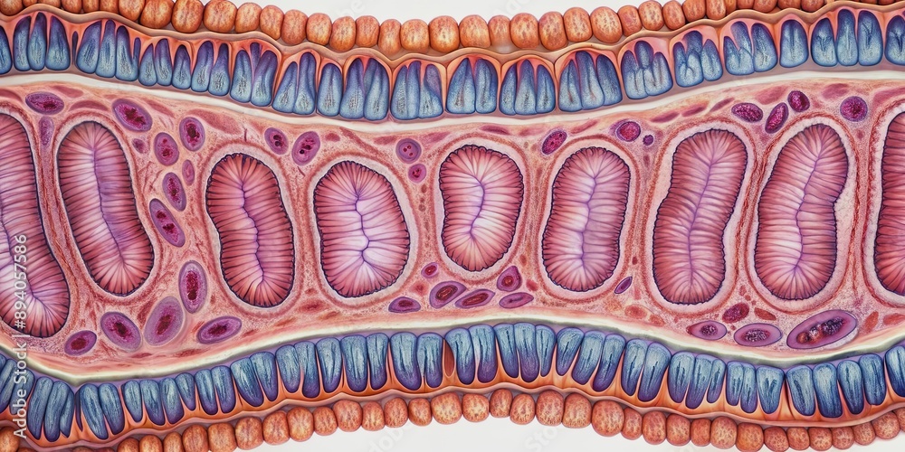 Cross-section of bowel showing villi structure, anatomy, intestine ...