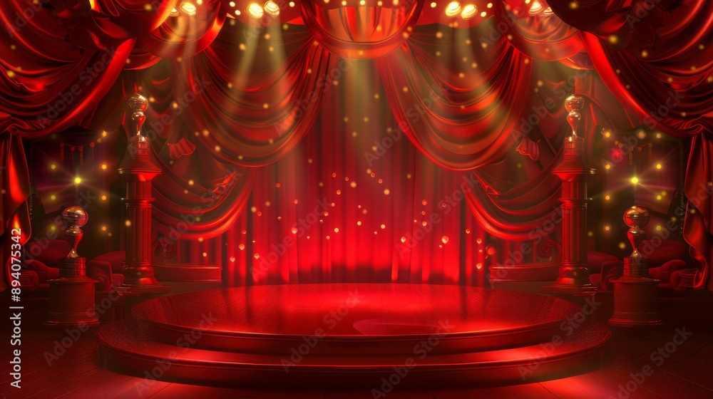 Circus stage podium background 3D carnival light red show curtain ...