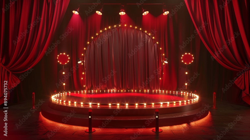 Circus stage podium background 3D carnival light red show curtain ...