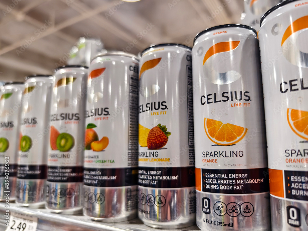 Miami Beach, Florida - July 02, 2024: Celsius energy drinks on display ...