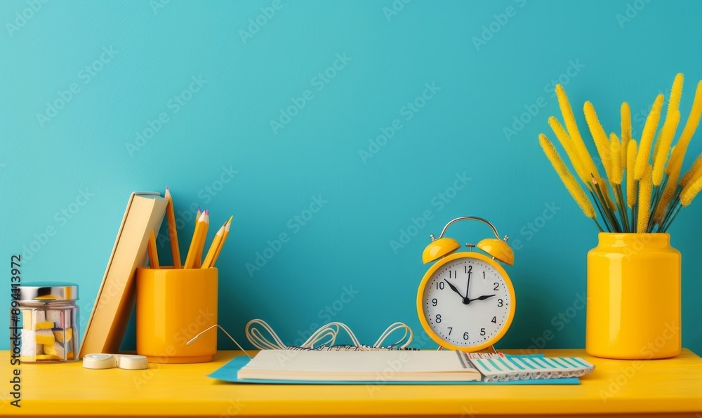Time-Pressured Study Scene: Abstract Yellow Desk with Notebook, Pencil ...