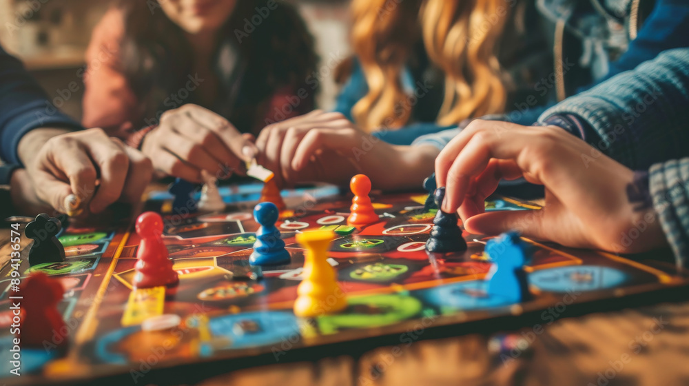 Depict a cozy board game night with friends gathered around a table ...