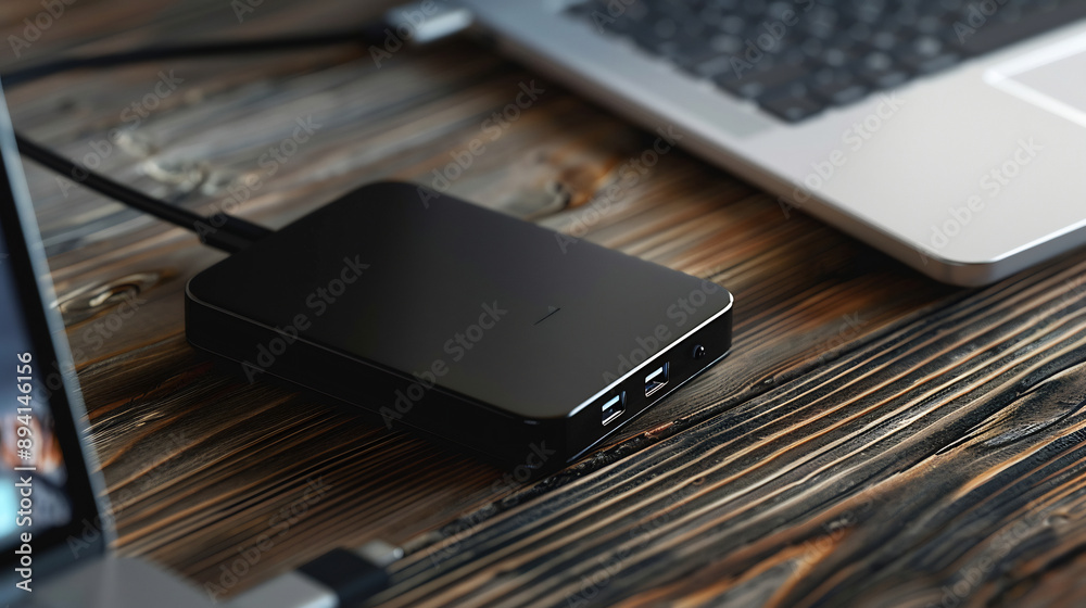 Photo Stock External hard drive connected to a laptop on a rustic ...