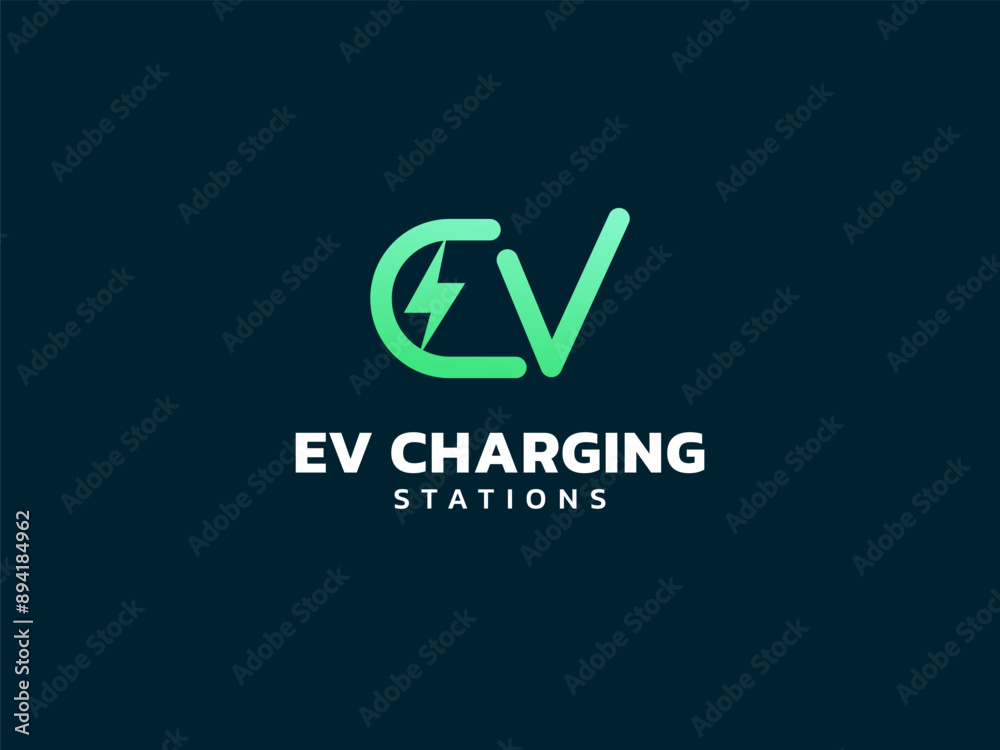 Electric Vehicle Charger letter EV with Lightning Bolt Symbol in letter ...