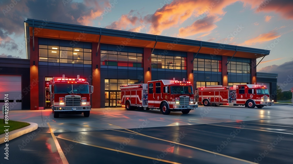 Foto de Stock A vibrant fire station displays shiny red trucks and ...