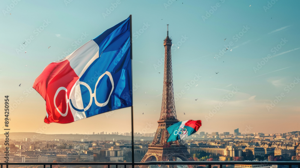 French flag waving with the Eiffel Tower and the 2024 Summer Olympics ...
