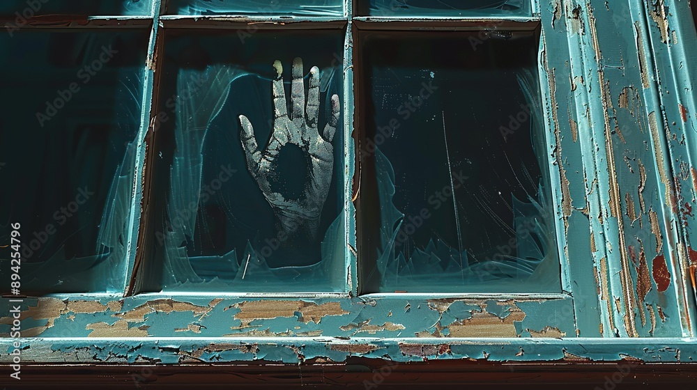Mysterious handprint on a dusty window in an old, abandoned mansion ...