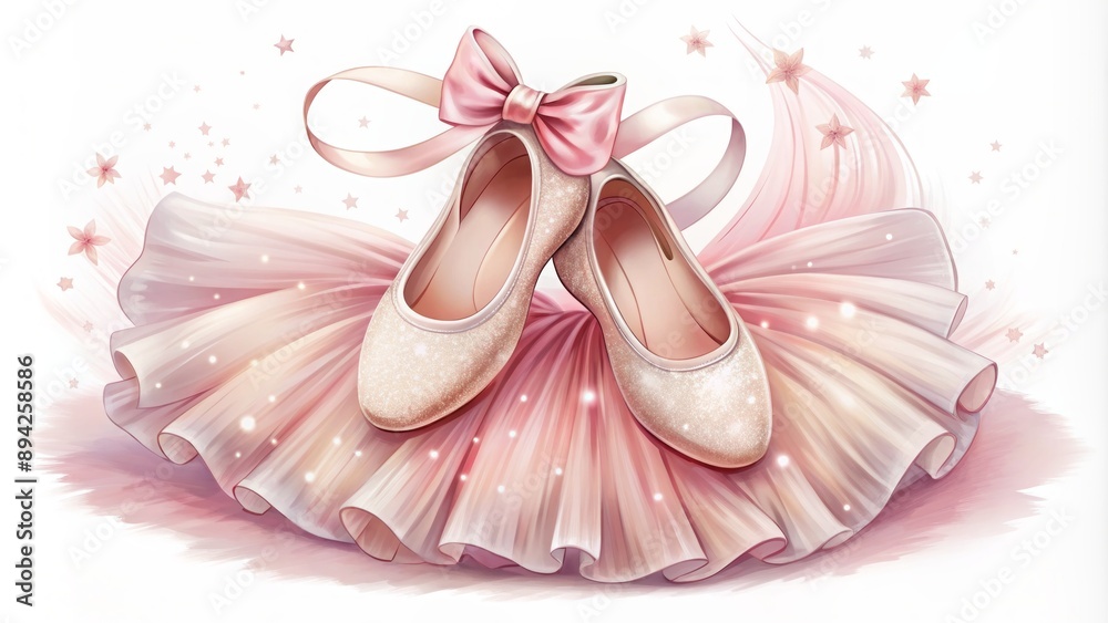 Whimsical cartoon illustration of elegant ballet shoes and flowing ...