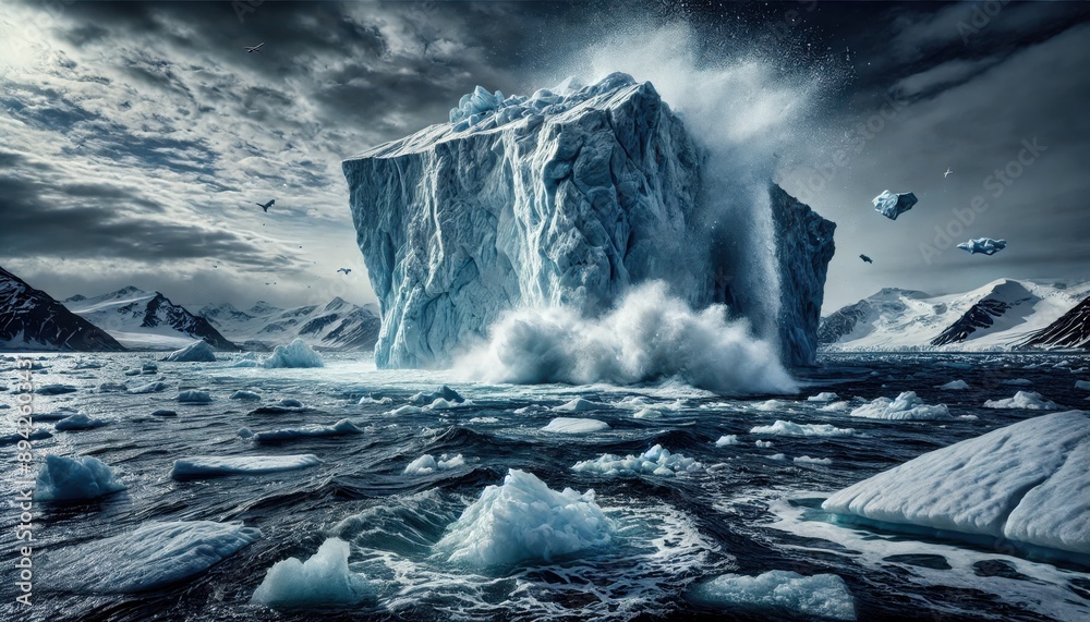 A realistic photograph depicting the melting ice caps in the Arctic ...