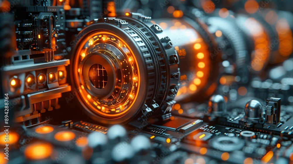 Complex abstract with holographic tech elements and mechanical ...