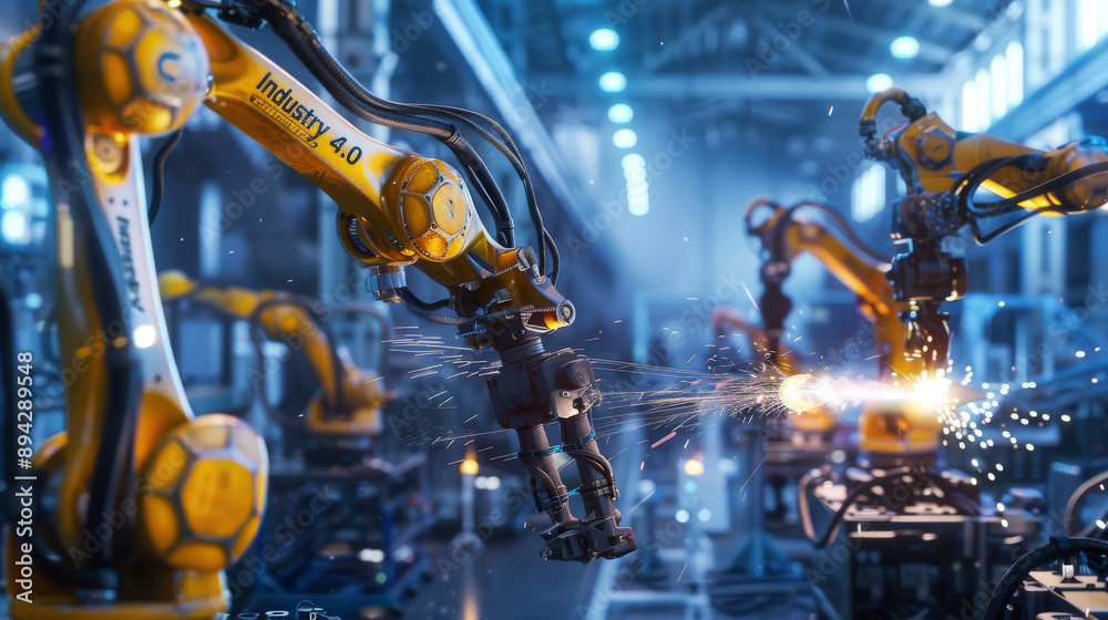 Engineers oversee and operate advanced welding robots in a factory ...
