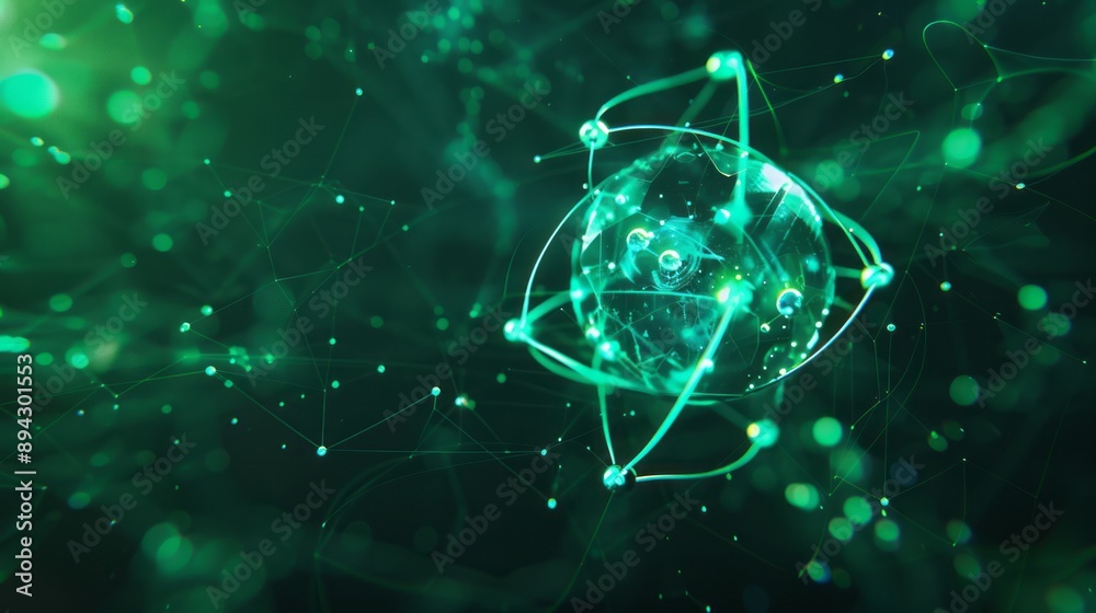 Glowing green atomic molecules surrounded by meshes on dark background ...