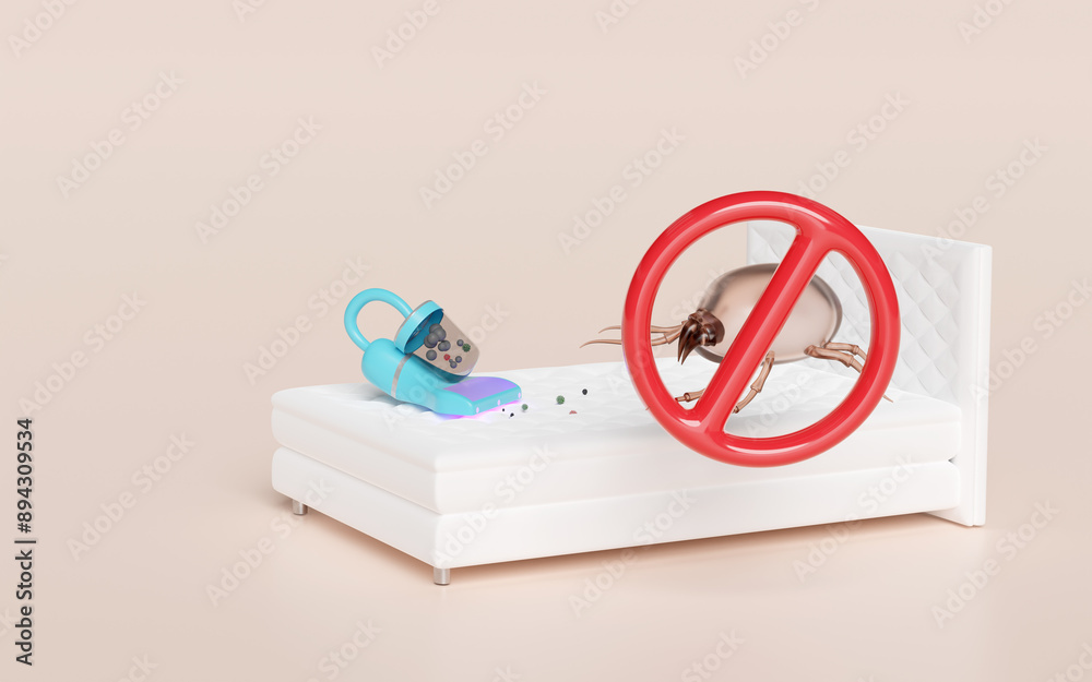 3d vacuum cleaner on bed with dust mites, warning sign isolated on pink ...