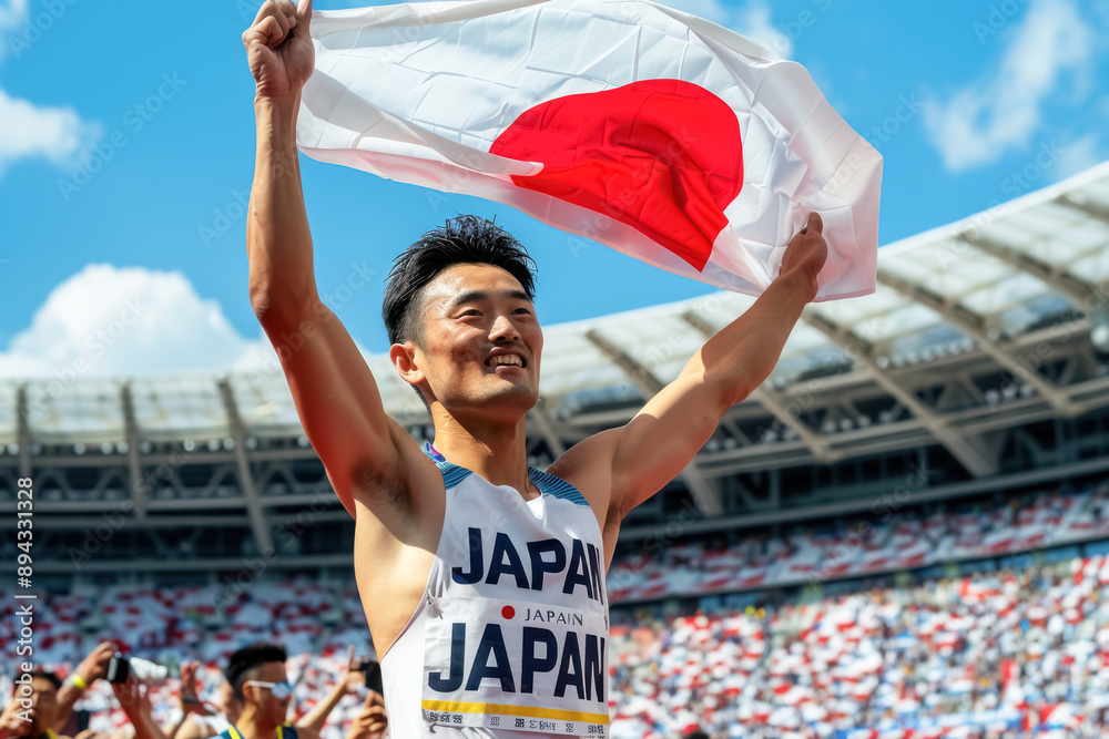 Triumphant Japanese Male Athlete with Flag at Paris 2024 Olympics. A ...