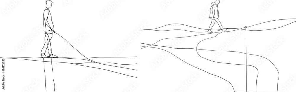 An artful, thoughtful man walking backwards behind a line drawing ...