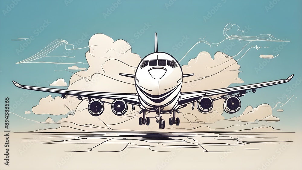Vector art illustration of a travel plane with an airplane continuous ...