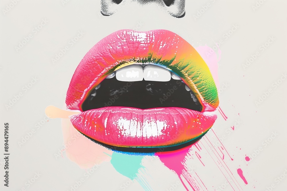 Purple lips with stripe tongue in pop art style. Woman's half-open ...