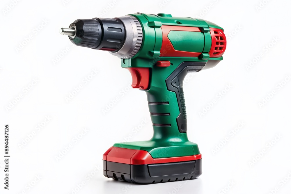 Vibrant green and red cordless drill with powerful electric motor and ...