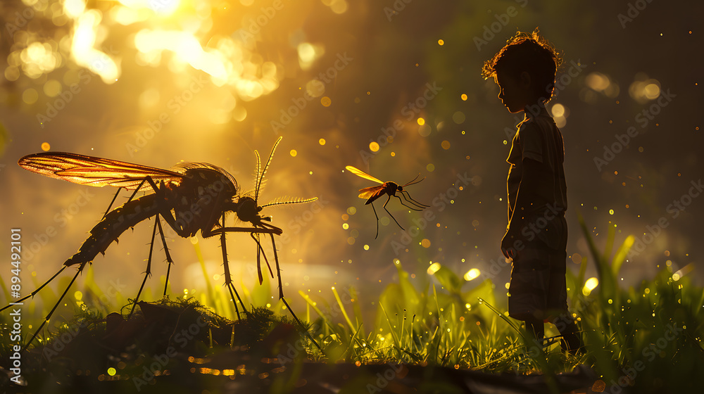 Silhouette of mosquitoes on the ground and a boy in the park outdoor ...