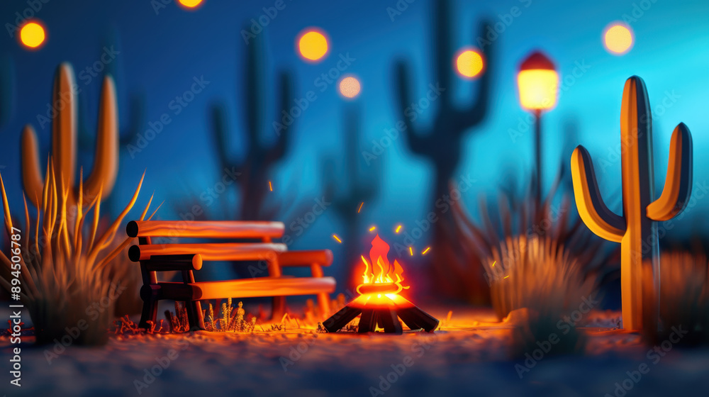 Cozy campfire scene with wooden bench and cacti under a starry night ...