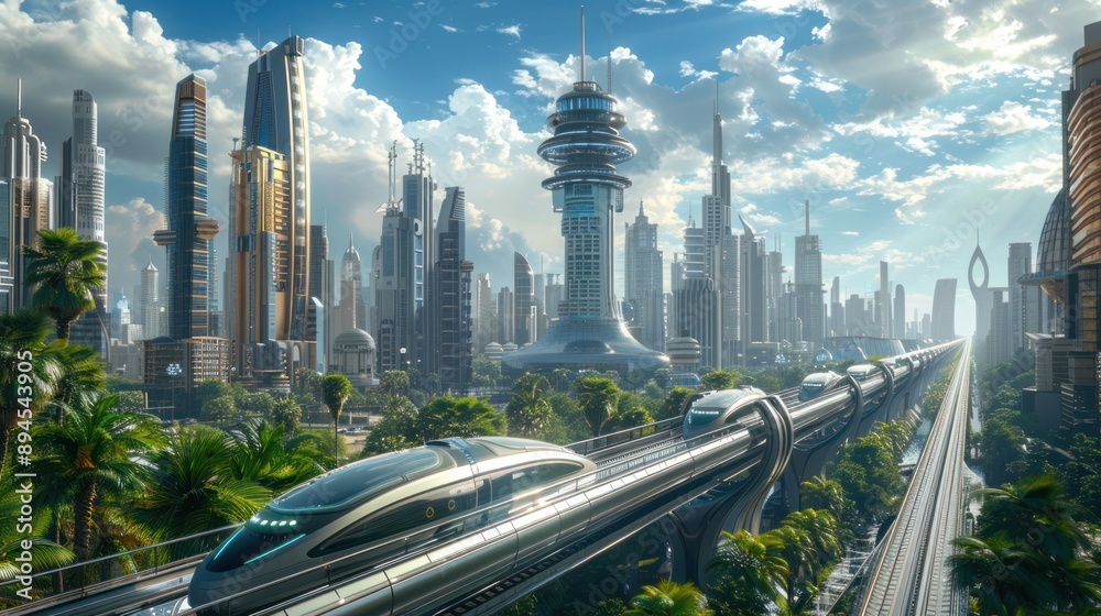 Futuristic city with integrated multi-modal transport systems ...