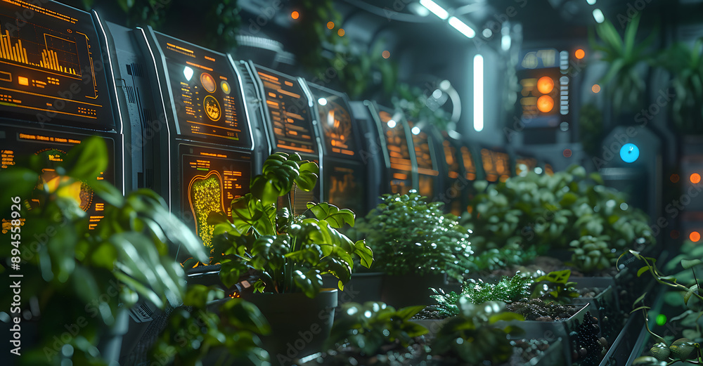 A high-tech greenhouse featuring rows of vibrant, healthy plants ...