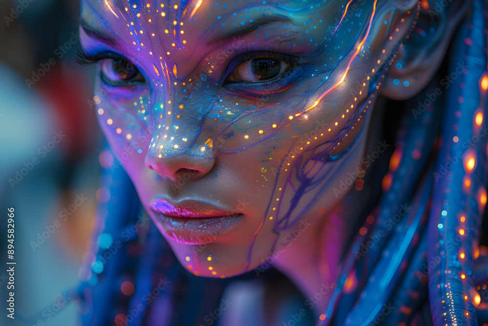 Stunning closeup of a model with vibrant neon face paint and glowing ...