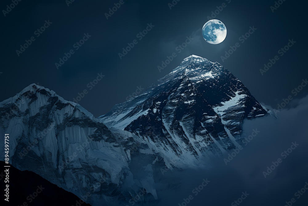 Moon over Mount Everest, India. Silhouette of the moon against the ...