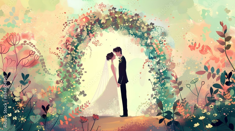 Cute cartoon style wedding invitation design bride and groom standing ...