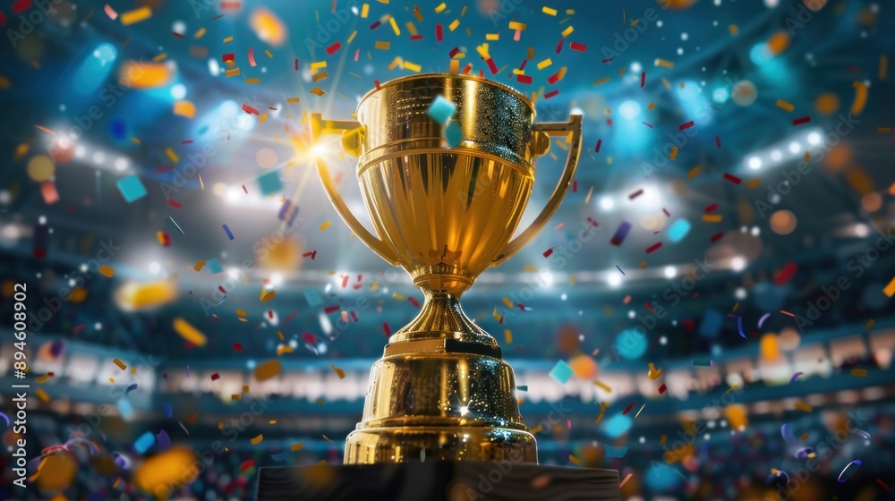 Football champion cup stands on a green grass field at a football ...