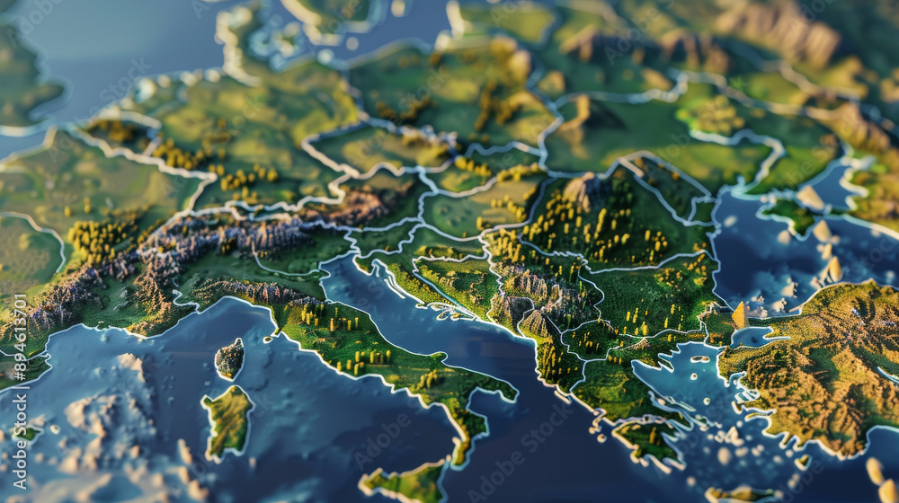 An intricately detailed map of Europe highlighting various geographic ...