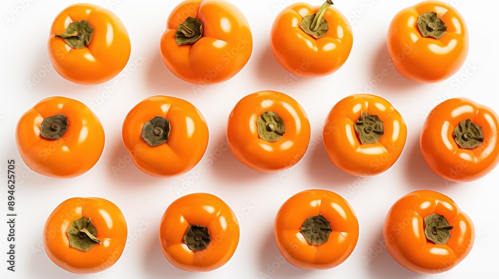 A top-down view of multiple bright persimmons arranged in a grid ...