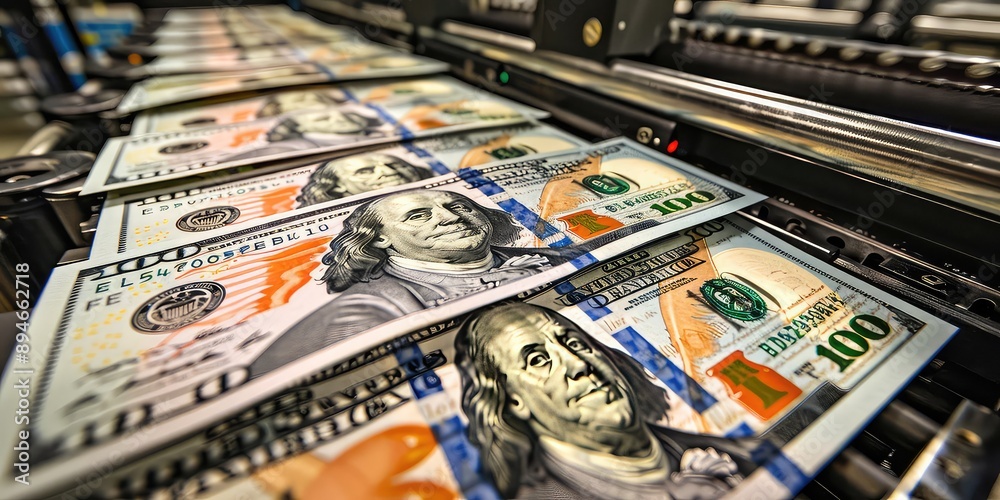 Machine for printing money. The hundred dollar bills have just been ...