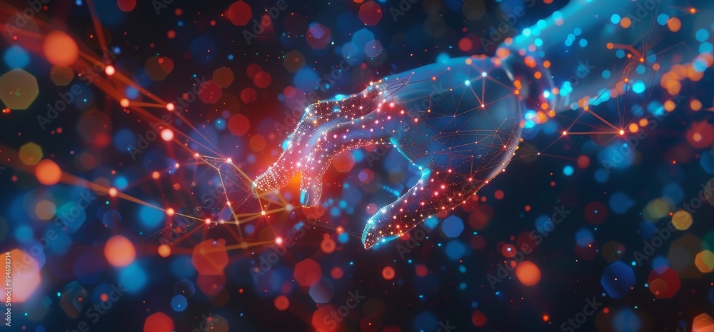 The concept shows a robot pushing a virtual button in a 3D rendering of a robotic process ...