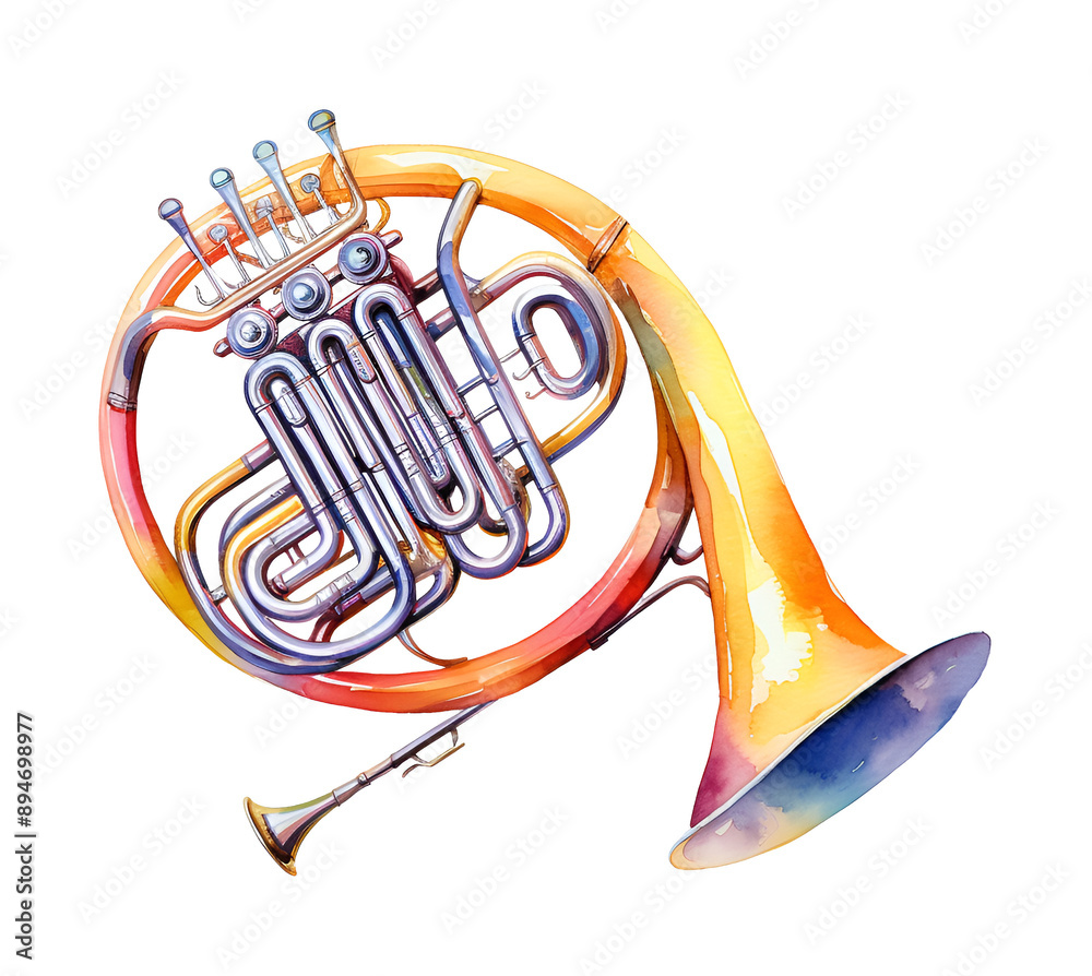 Classical french horn, watercolor clipart illustration with isolated ...