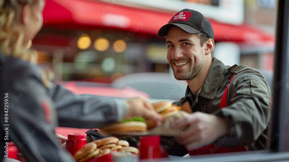 Hand WoMan in car receiving coffee in drive thru fast food restaurant ...