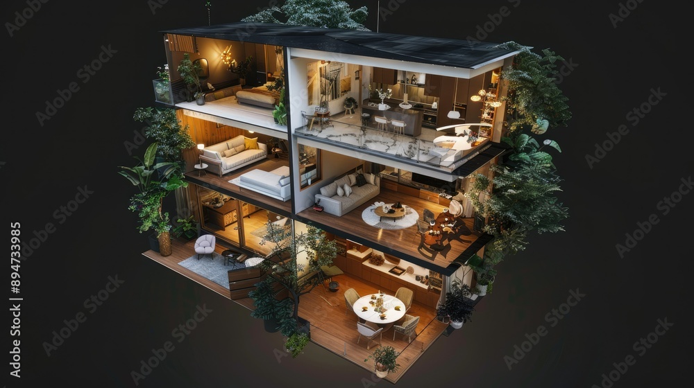 3D floor plan of a house, offering a top-down view of the internal structure and design. Stock ...