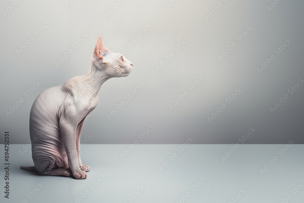 A hairless Sphynx cat in profile, sitting upright and gazing intently ...