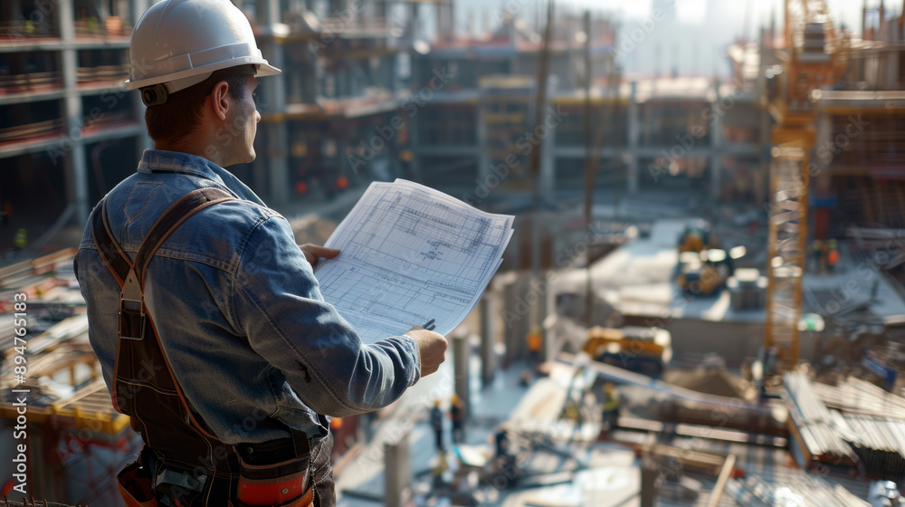 civil engineering construction, Inspector reviewing blueprints on site ...