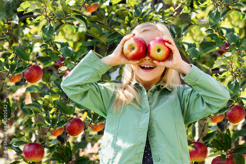 Apples for Children. Happy Little Girl Child with Apple Eyes Having Fun ...