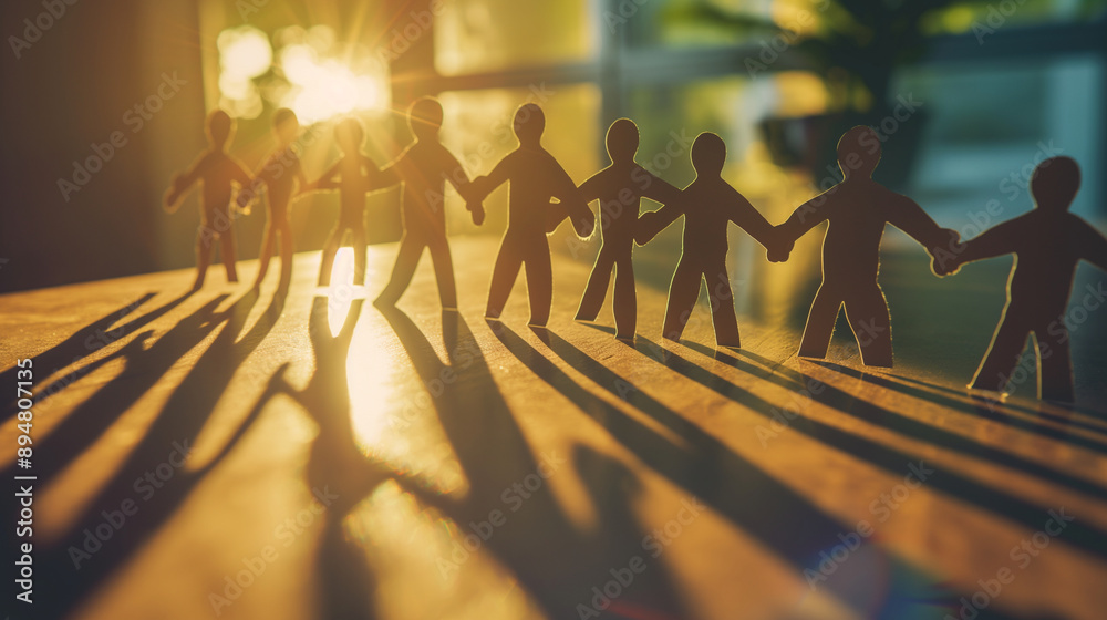 Paper people in an unbroken chain, holding hands and casting shadows on ...