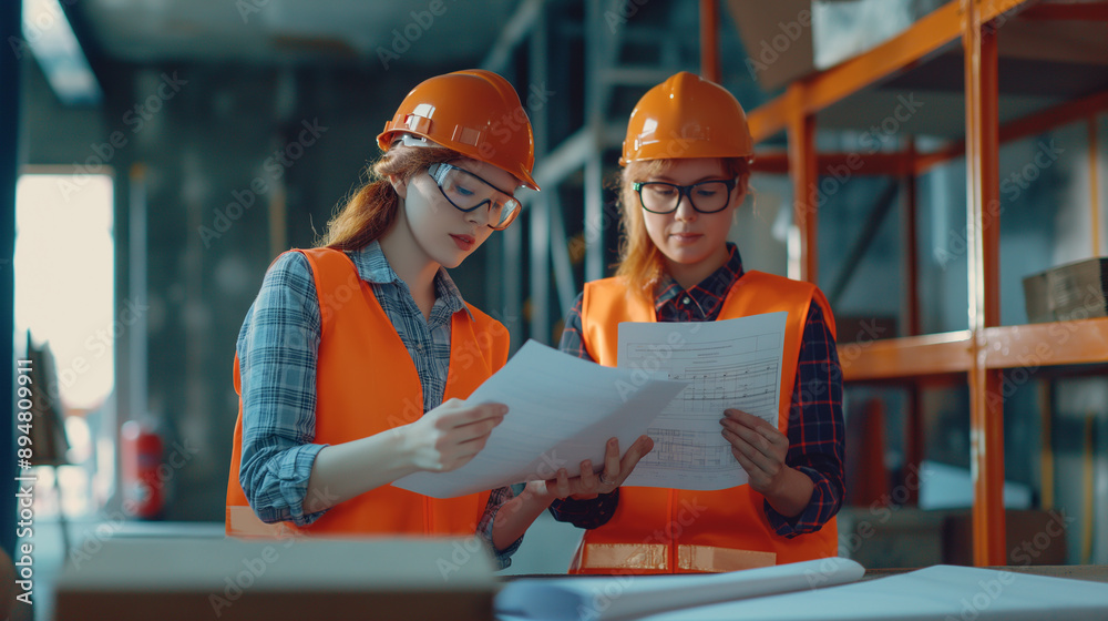 Two women construction workers in vests and helmets, reviewing papers ...