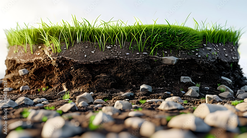Round cross section of soil ground with green grass and earth ground ...