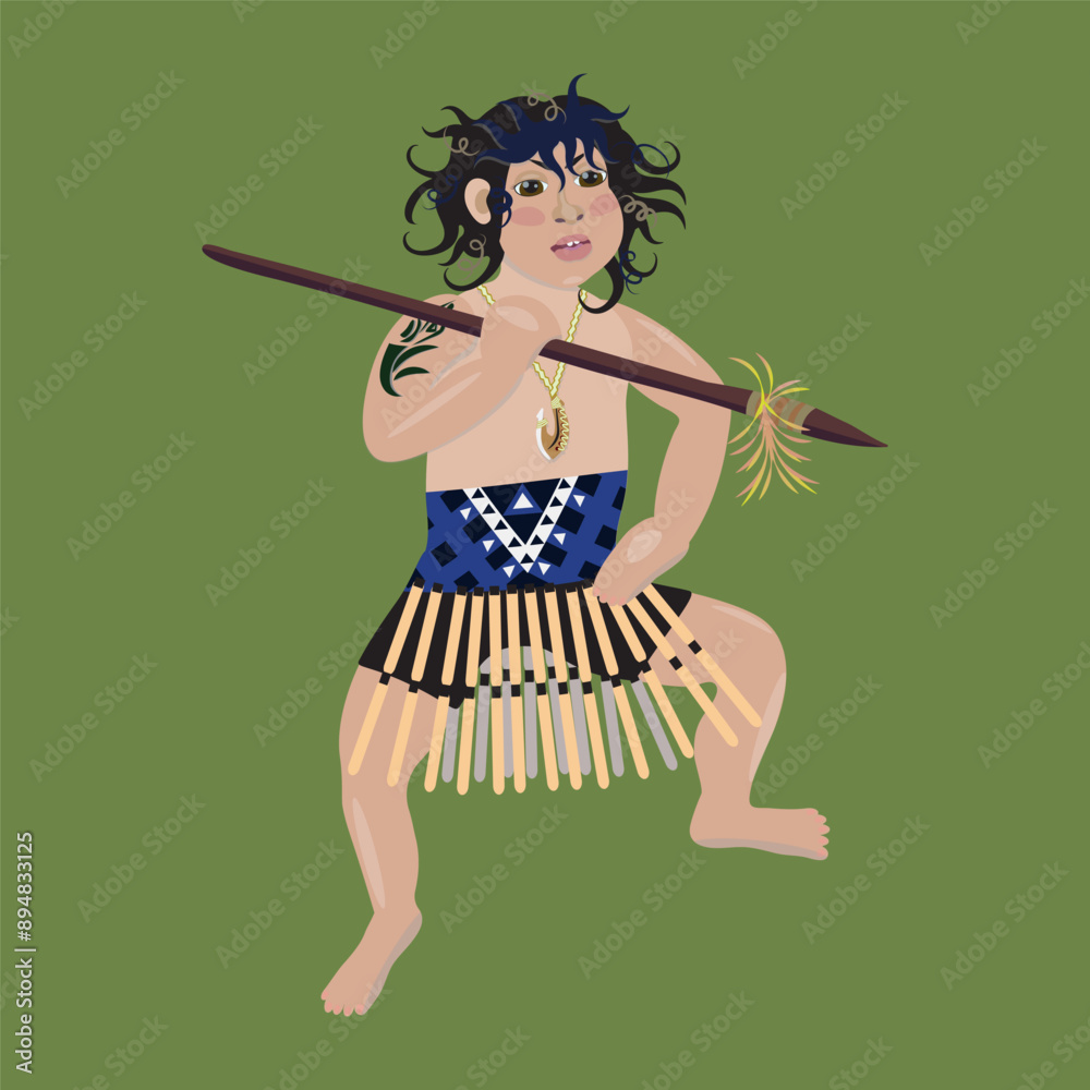 Maori boy with national spear performing haka, cartoon character Stock ...