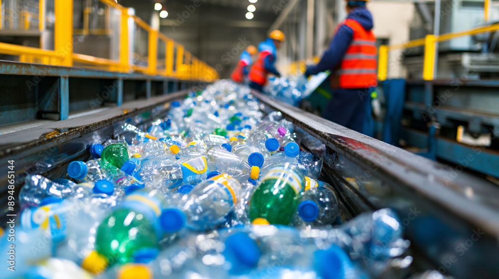 Ilustración de Stock Plastic waste is transported by conveyor belt in ...