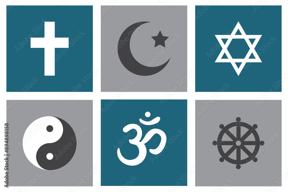 World religion symbol silhouette isolated at grey and blue square with ...