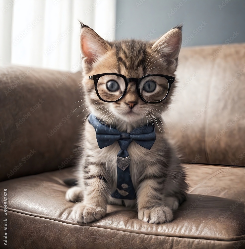 Gato pequeño en sillón portando un moño y lentes. Tierno. Invita a ...