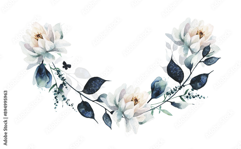 Watercolor painted floral half round wreath frame. White lotus flowers ...